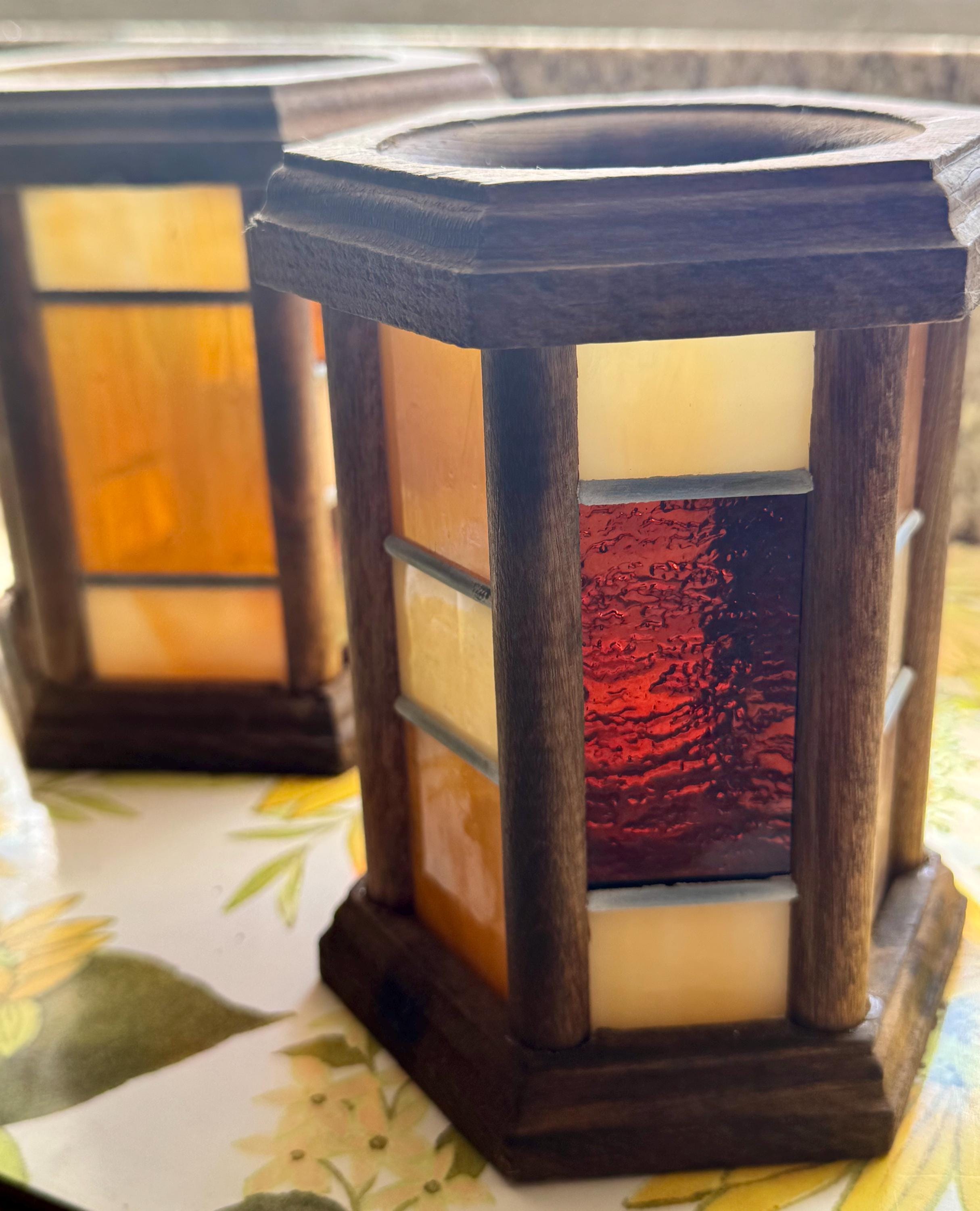 MCM Wood and Slag Glass Panel Hexagon Hurricanes/candle Holders, Set of ...