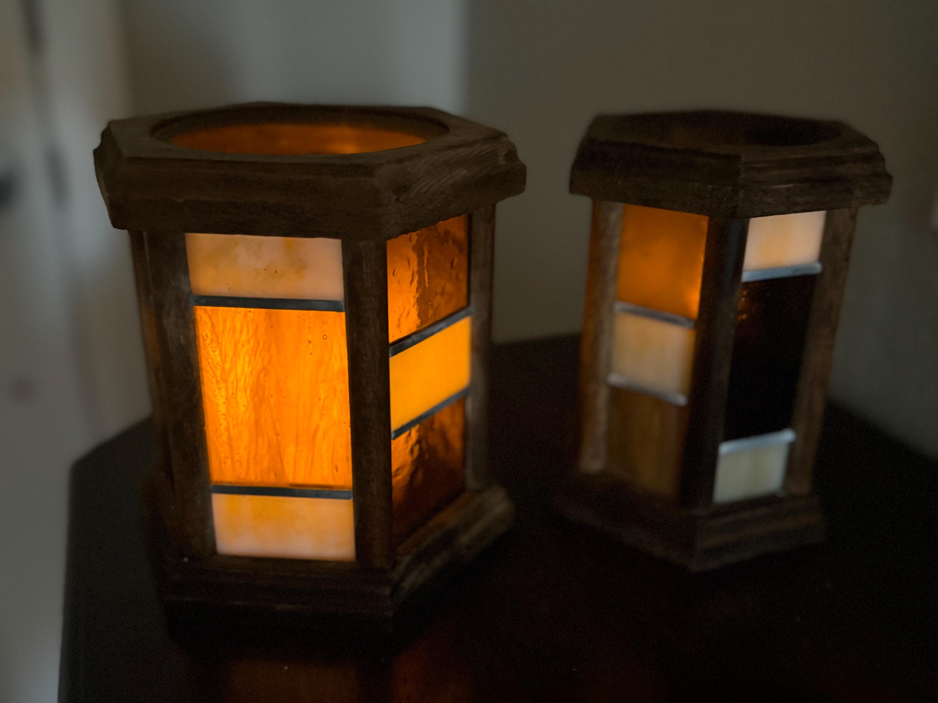 MCM Wood and Slag Glass Panel Hexagon Hurricanes/candle Holders, Set of ...