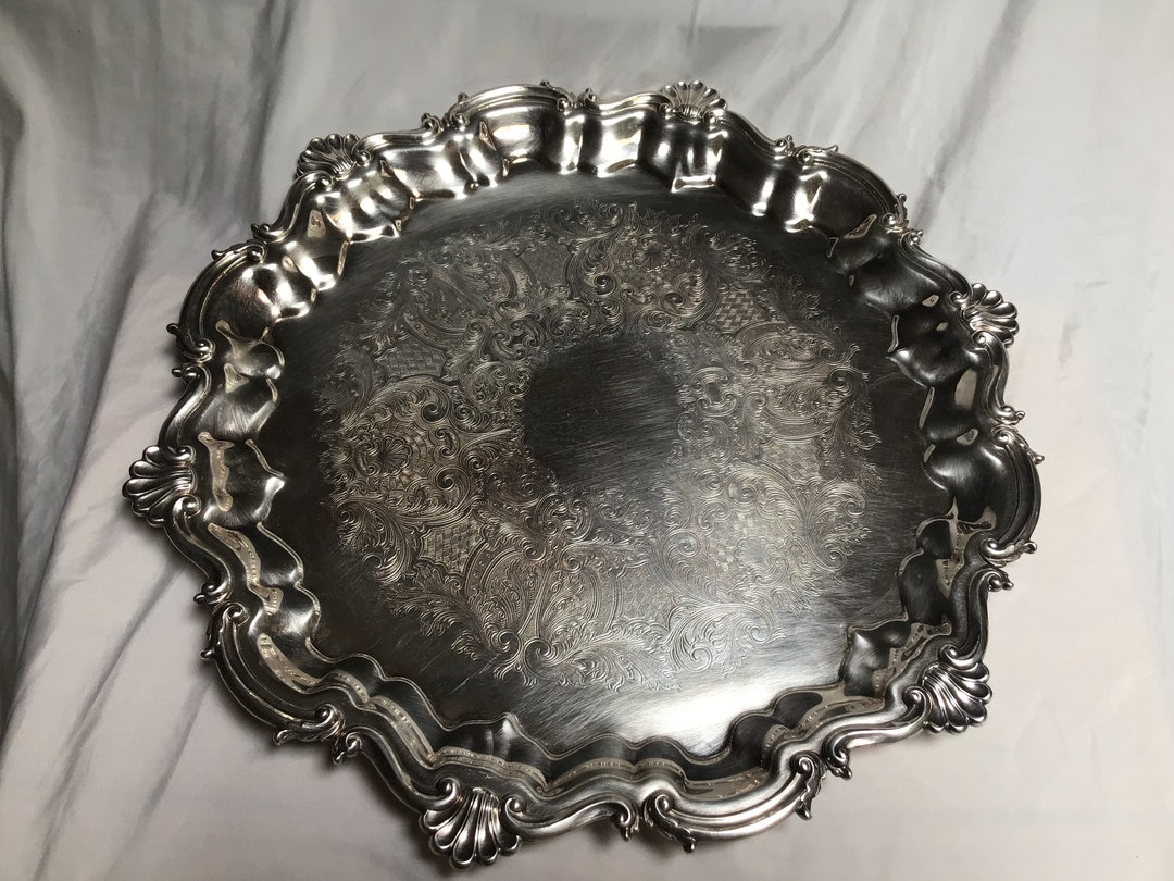 Vintage Silver Plate Tray With Shell Detail on Rim Footed Silver Plated ...