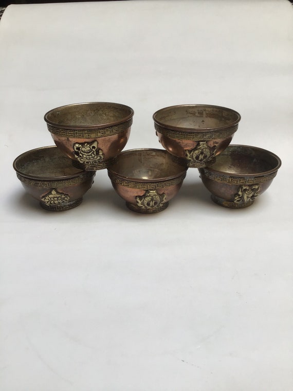 Vintage Copper Bowl Greek Key Detail Brass Accents Ceremonial | Etsy