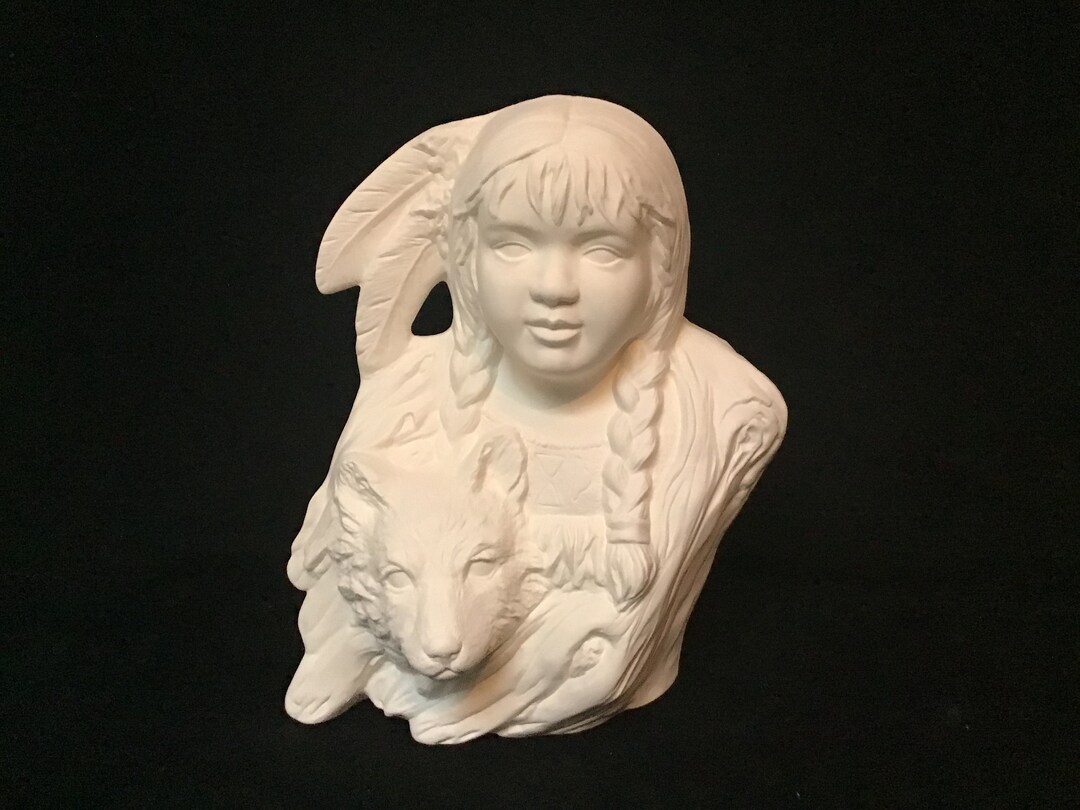Ceramic Bisque Native Figurine Native Girl With Wolf Spirit Animal - Etsy