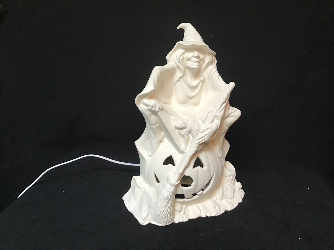 Ceramic Bisque Witch on Pumpkin Halloween Decor Lighted Witch - Etsy