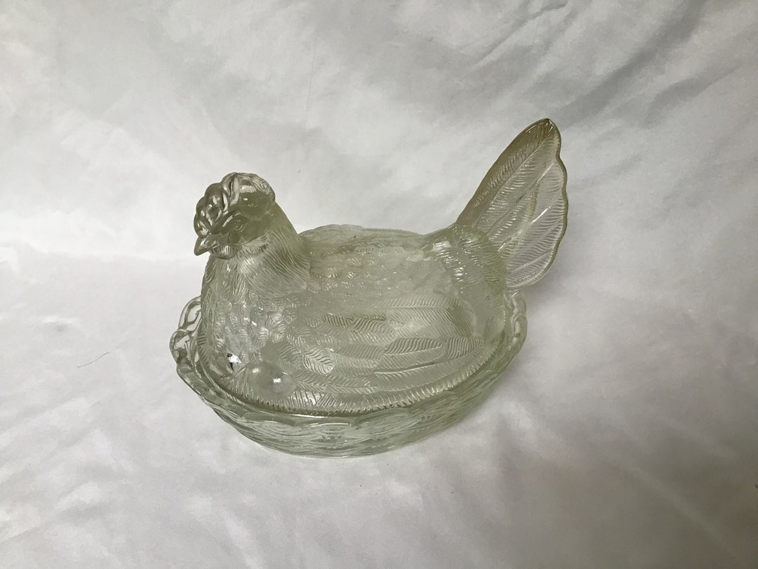 Vintage Clear Glass Hen on Basket Covered Dish Split Tail Chicken ...