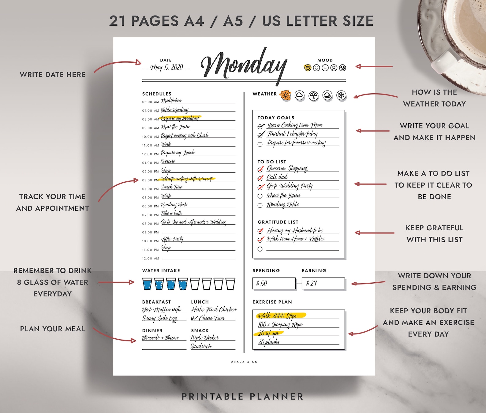 Daily Planner Printable Productivity Tracker Everyday | Etsy