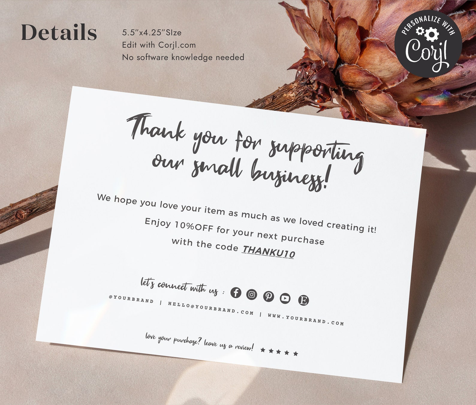 Editable Business Thank You Card: Customer Purchase Note (CORJL) - Etsy