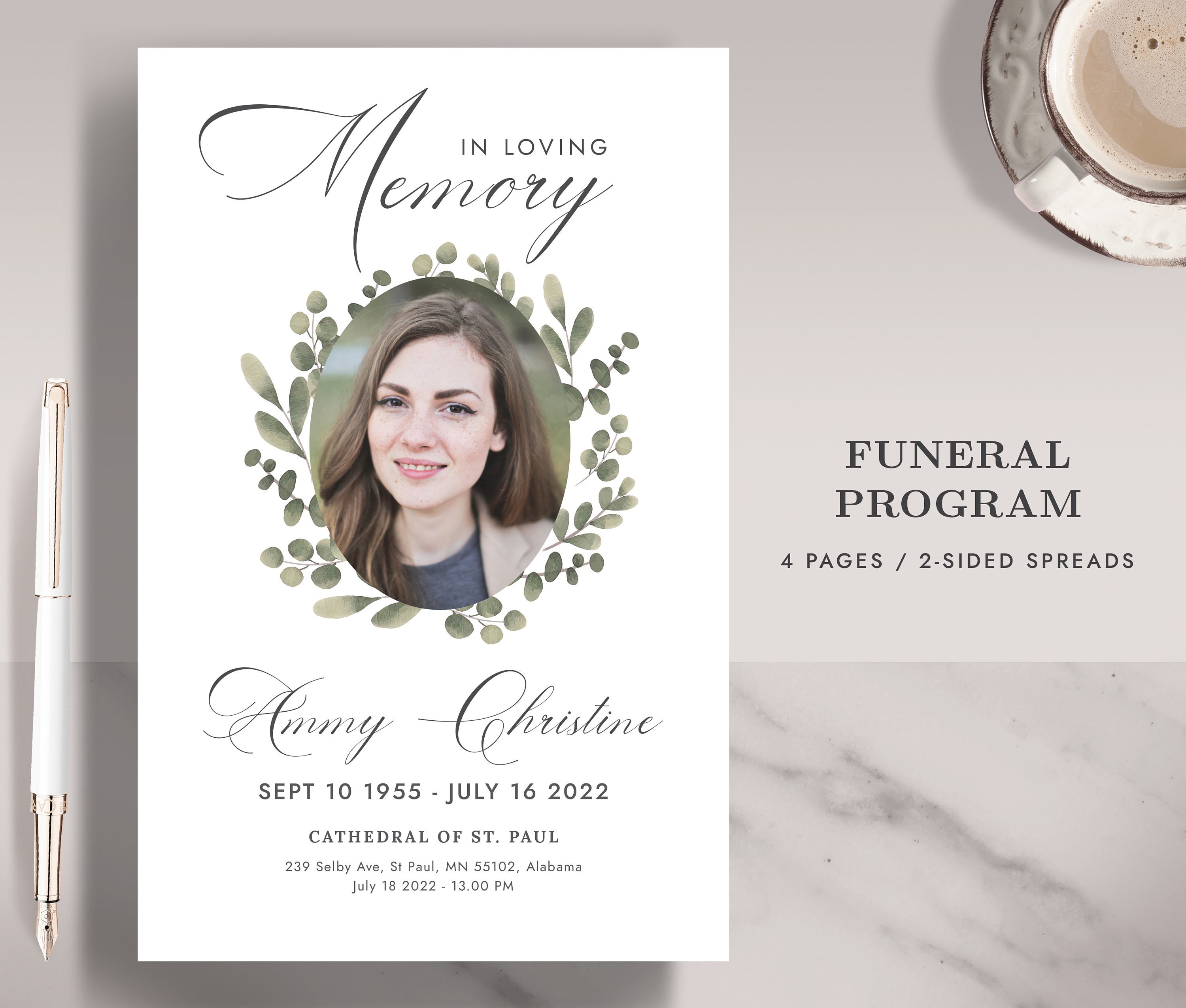 Minimalist Funeral Program Template: Bifold Obituary (photoshop, Word ...