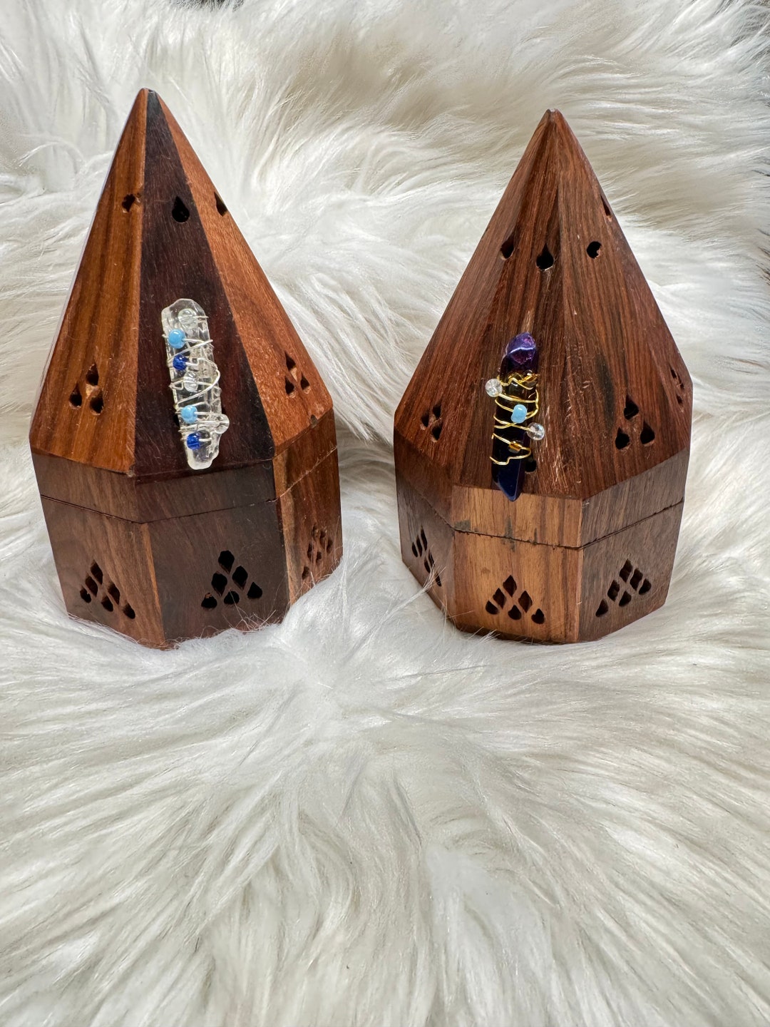 Wood Incense Burner - Wood Temple Charcoal Burner - Quartz Crystal Hand ...