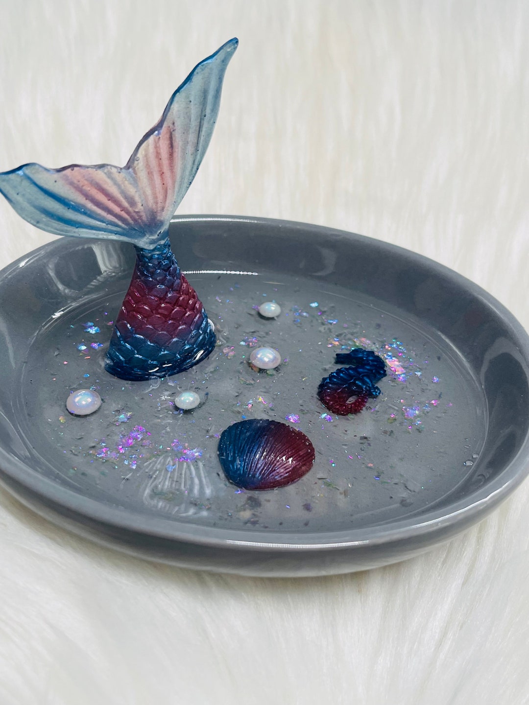 Mermaid White Trinket Tray, Jewelry Dish , Soap Dish, Blue & Pink Tail ...
