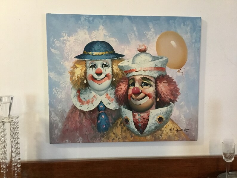William Moninet Original Painting PORTRAIT of TWO CLOWNS Stretched Canvas 24 Inches by 20 Inches ...