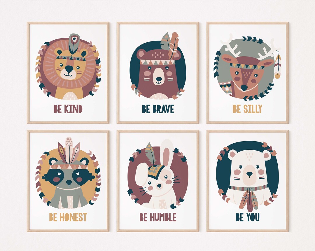 Boho Animal Printable Wall Art Set of 6, Nursery Wall Decor, Be Kind ...
