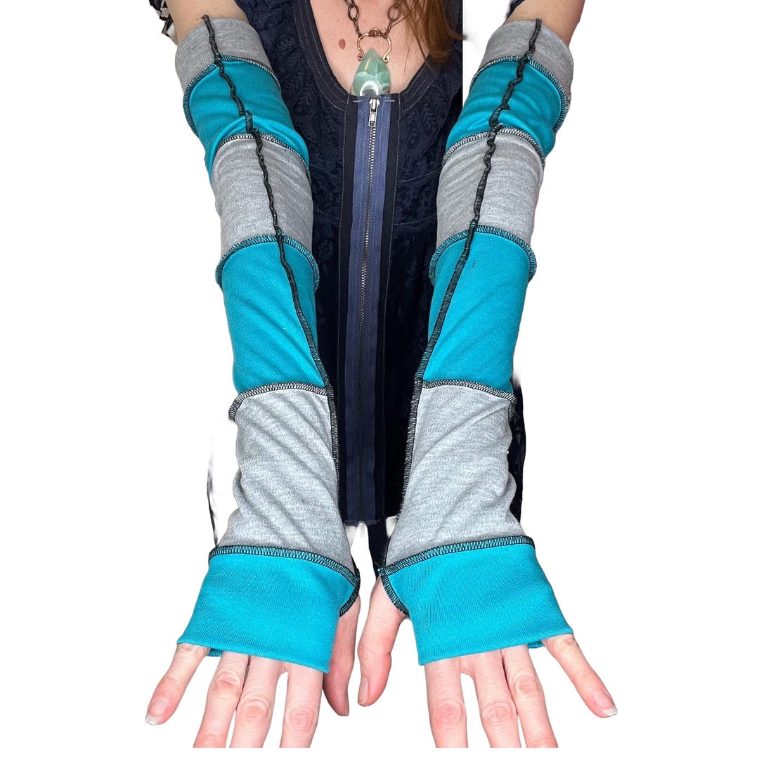 Long Striped Gloves Turquoise Blue Hand Warmers Gray Armwarmers ...
