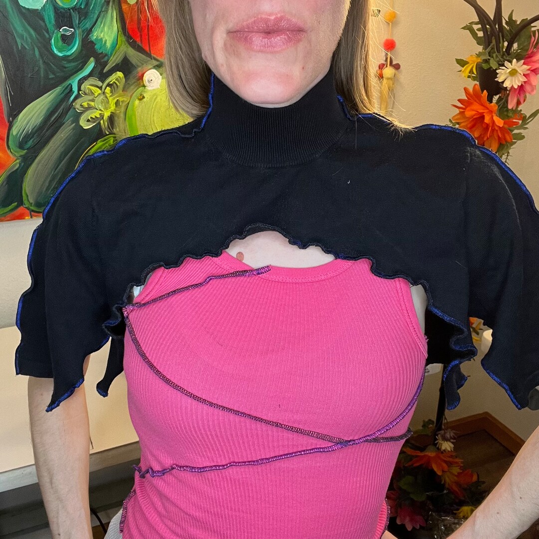 Vintage Silk Sweater Shrug Size Medium Black Upcycled Shirt Blue ...