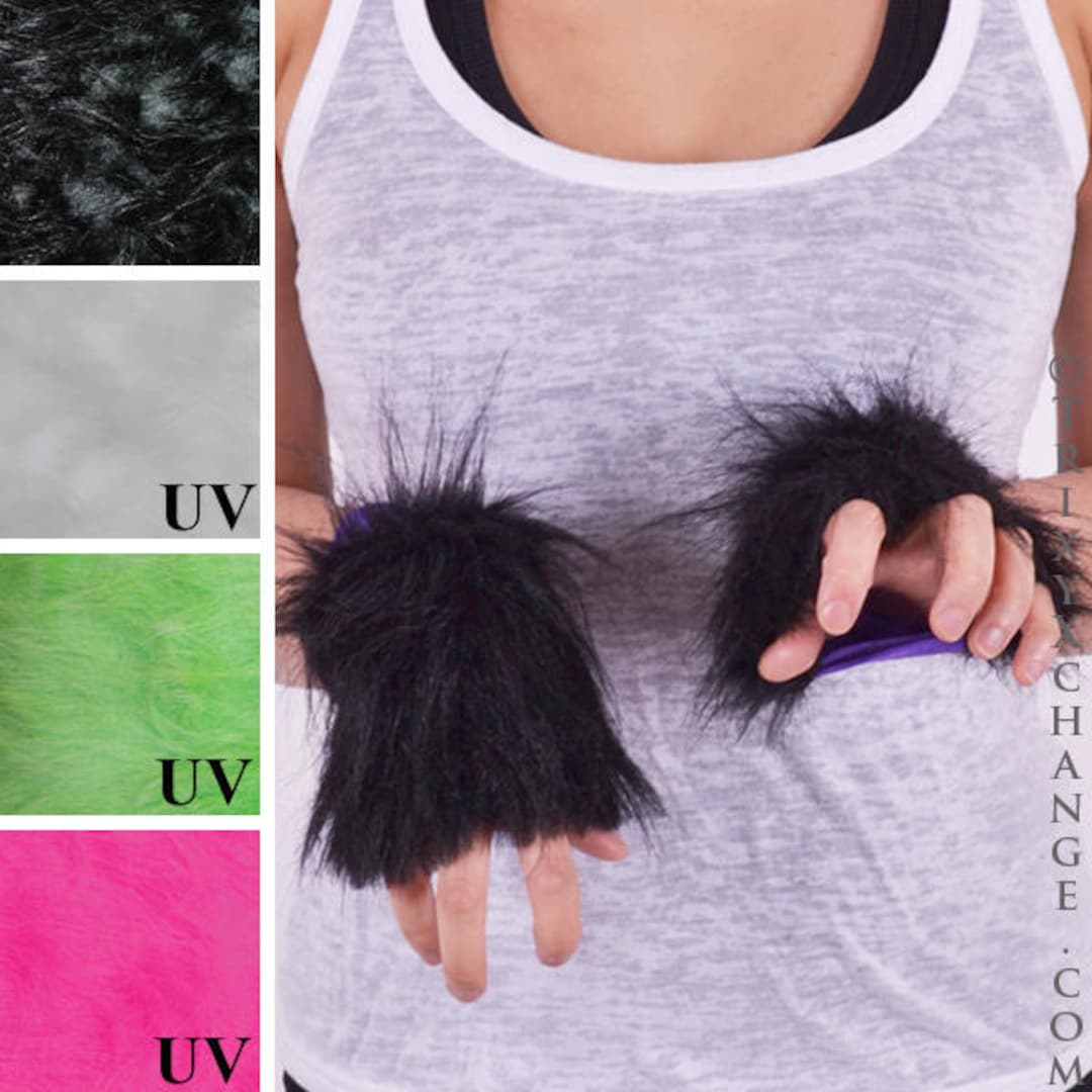 Womens Black Fur Gloves Fursuit Costume Faux Fur Arm Cuffs Fur Gloves ...