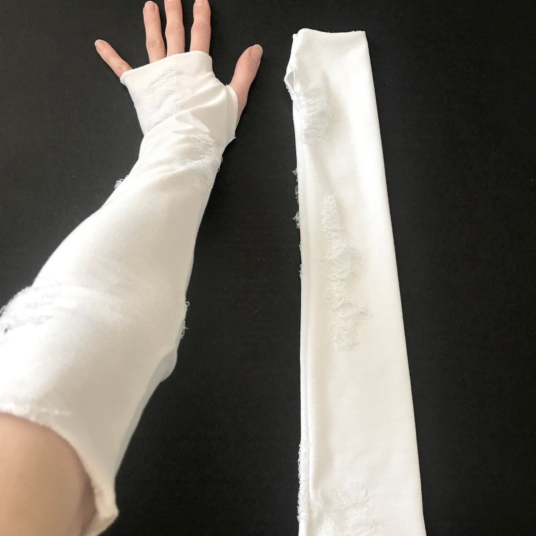 Womens Mummy Costume White Ripped Gloves Cut Out Arm Warmers Shredded ...