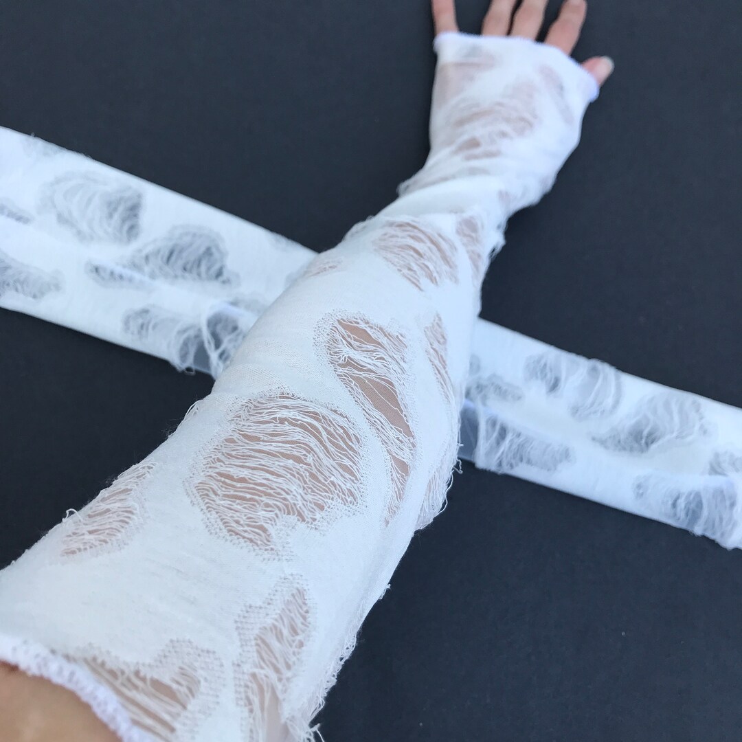 Womens White Mummy Gloves Ripped Arm Covers Mens Sheer Gauze Arm Wraps ...