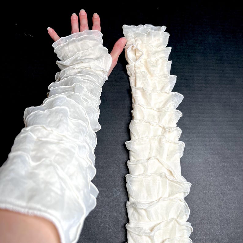 Womens Mummy Costume Cream White Ruffle Arm Warmers Sheer Gloves ...