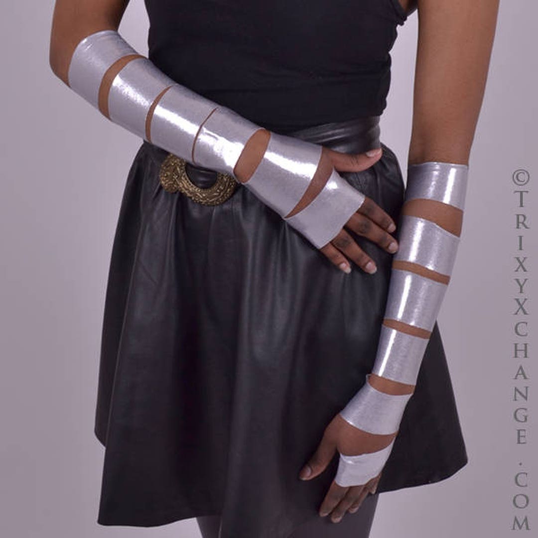 Silver Gloves Cut Out Gloves Shiny Arm Bands Metallic Arm Warmers Oil ...