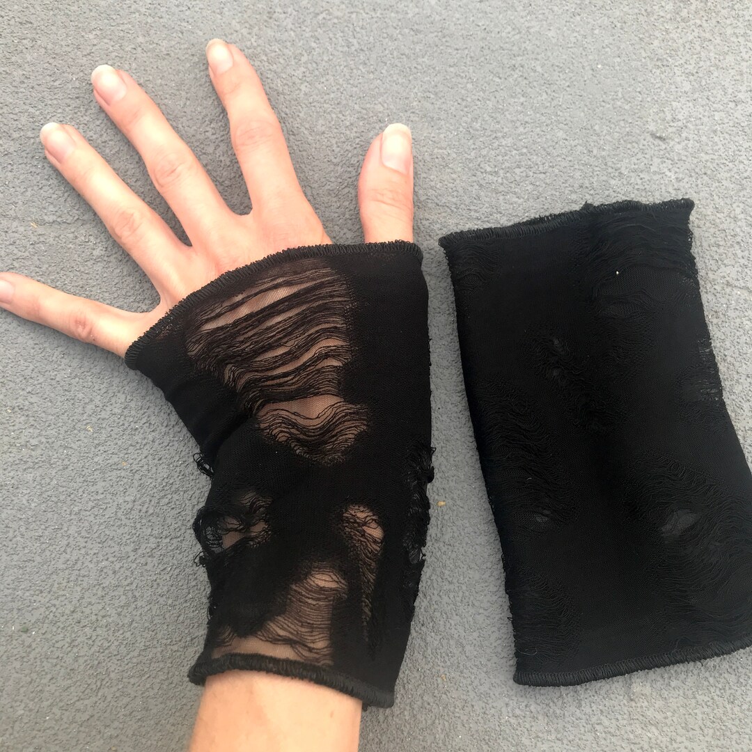 Mens Black Mummy Arm Cuffs Zombie Ripped Gloves Womens Sheer Gauze Hand ...