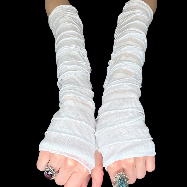 Womens Mummy Costume Cream White Ruffle Arm Warmers Sheer Gloves ...