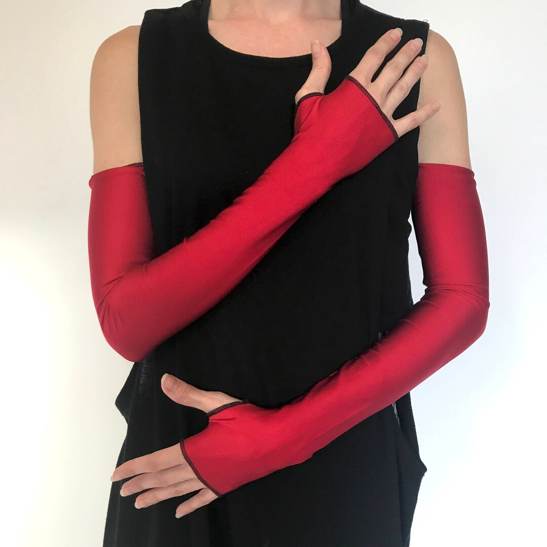 Long Red Gloves Cosplay Costume Gloves Red Spandex Arm Warmers Stretchy ...