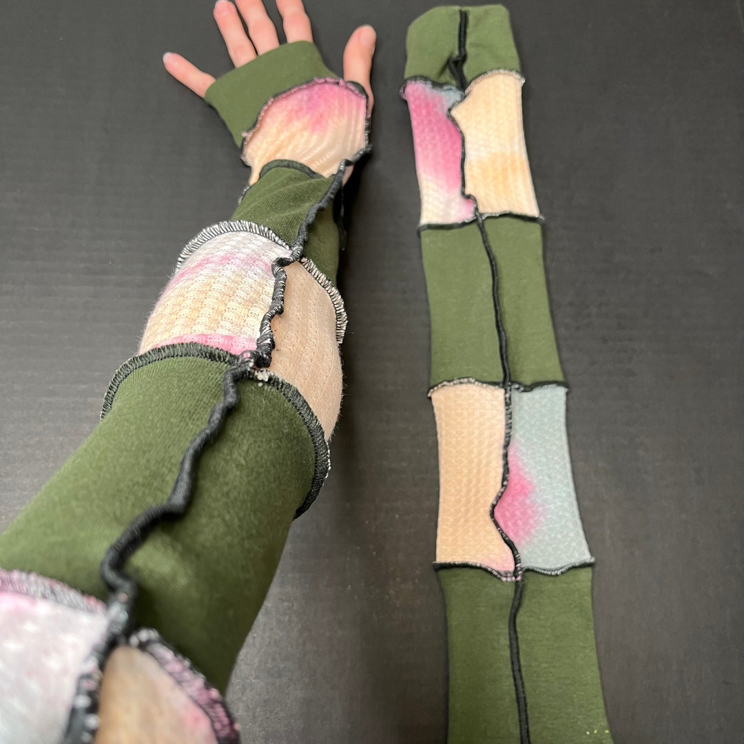 Upcycled Long Arm Warmers Green Striped Gloves Pink Patchwork Arm ...