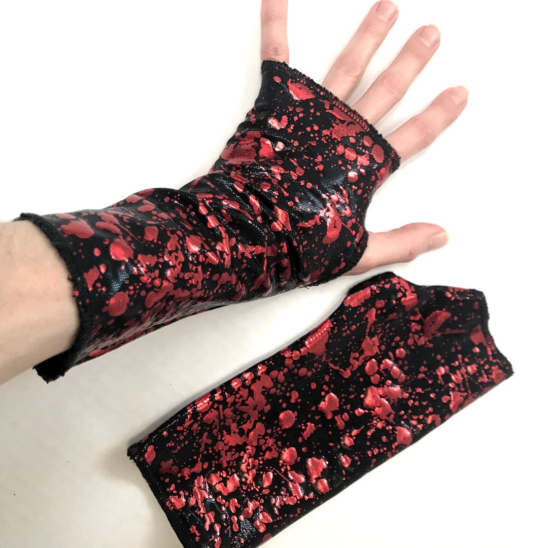 Mens Zombie Costume Bloody Gloves Red Blood Splatter Fingerless Gloves ...