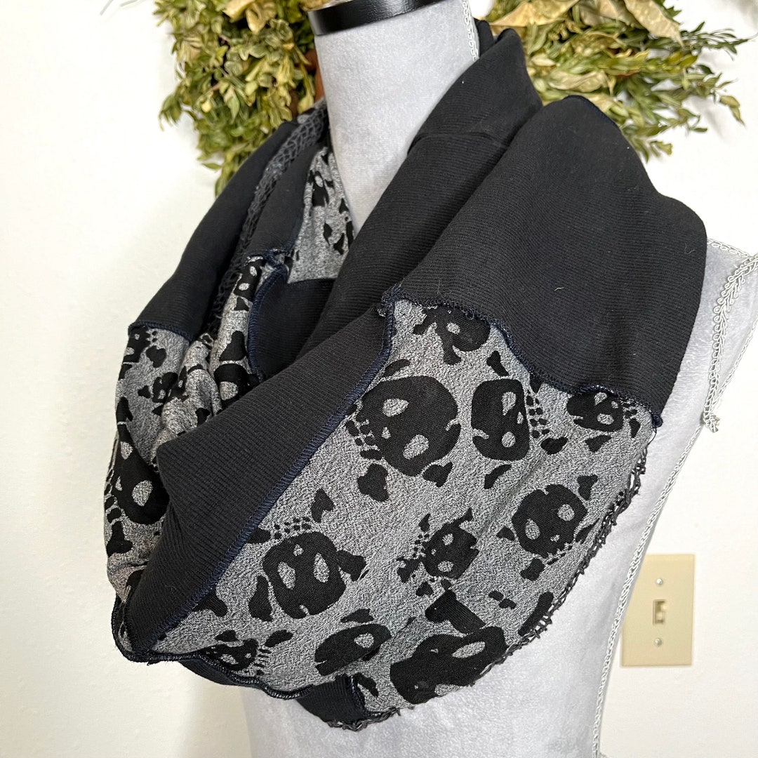 Upcycled Infinity Scarf Skull Neck Wrap Gray Fishnet Patchwork Sweater ...