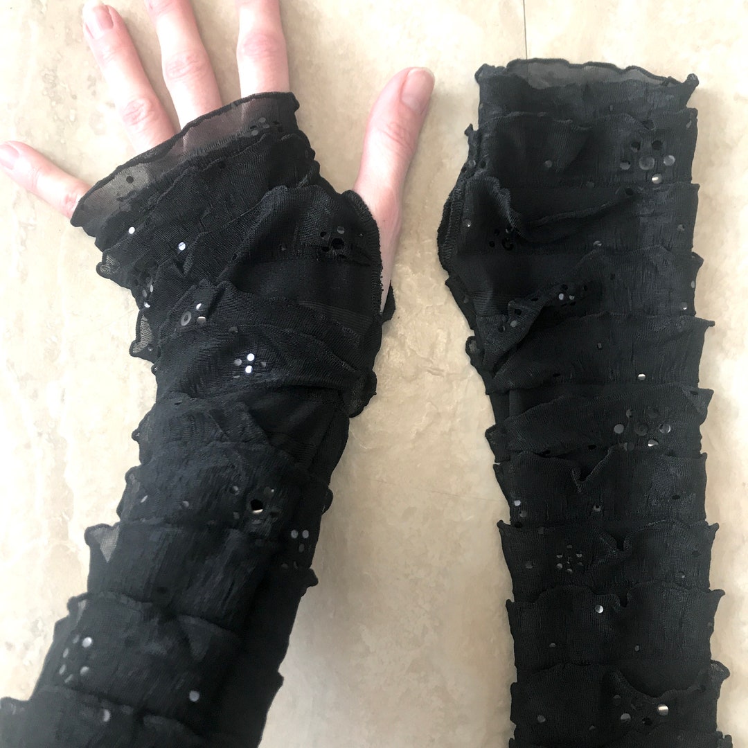 Black Sequin Gloves Ruffle Arm Warmers Goth Mummy Costume Striped ...
