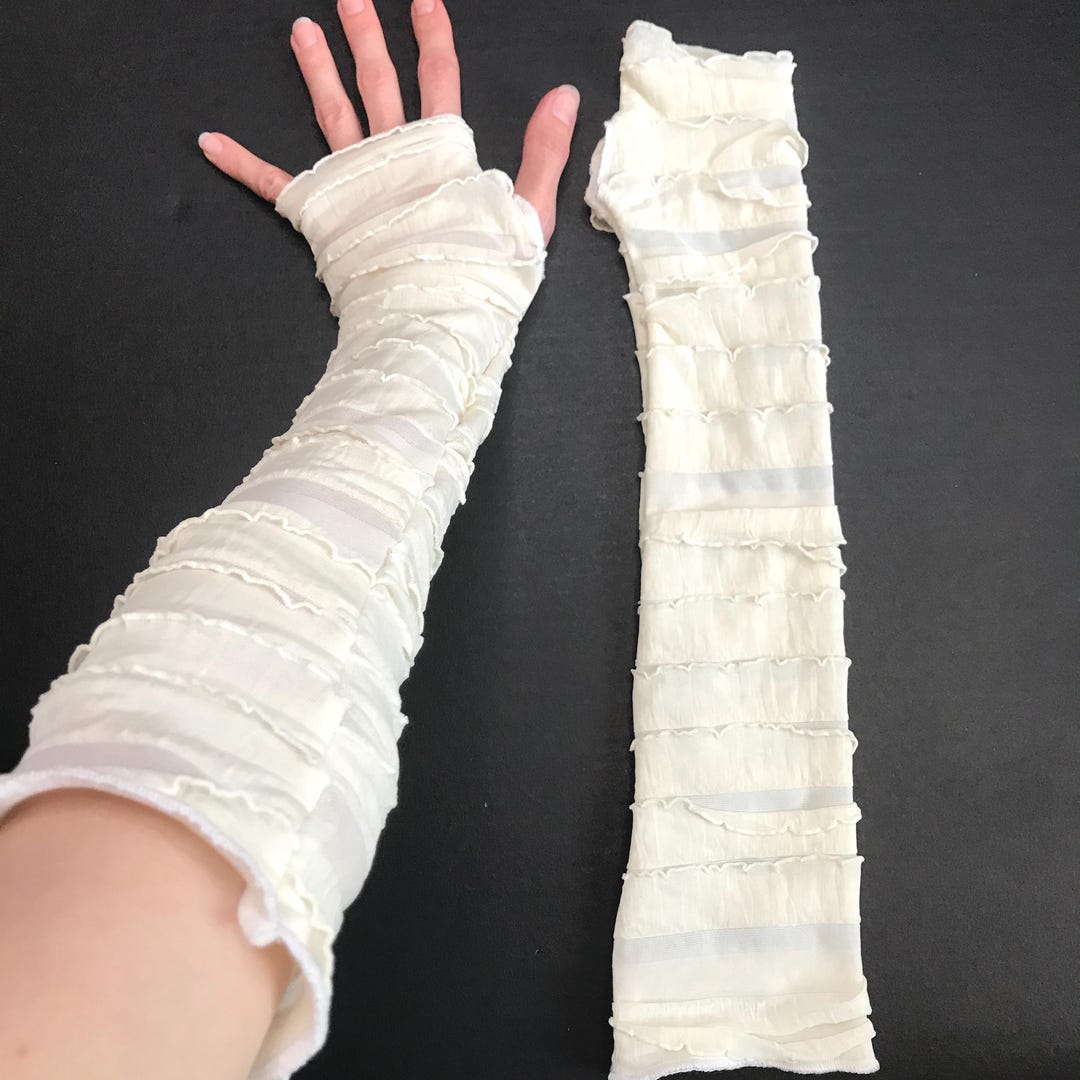 Womens Mummy Costume Cream White Ruffle Arm Warmers Sheer Gloves ...