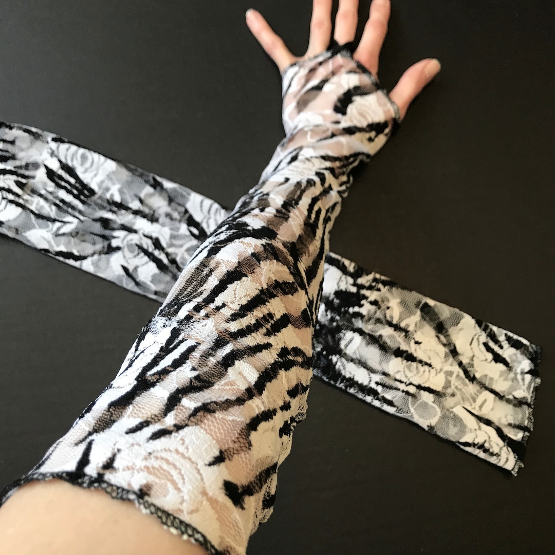 Black Lace Arm Warmers White Zebra Gloves Finger Loop Arm Covers ...