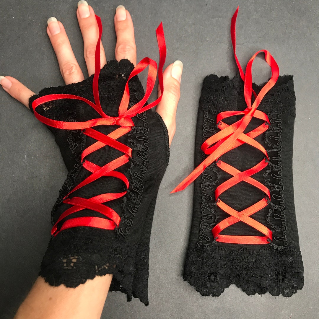 Horror Goth Gloves Red Corset Arm Cuffs Black Lace up Wrist Bands ...