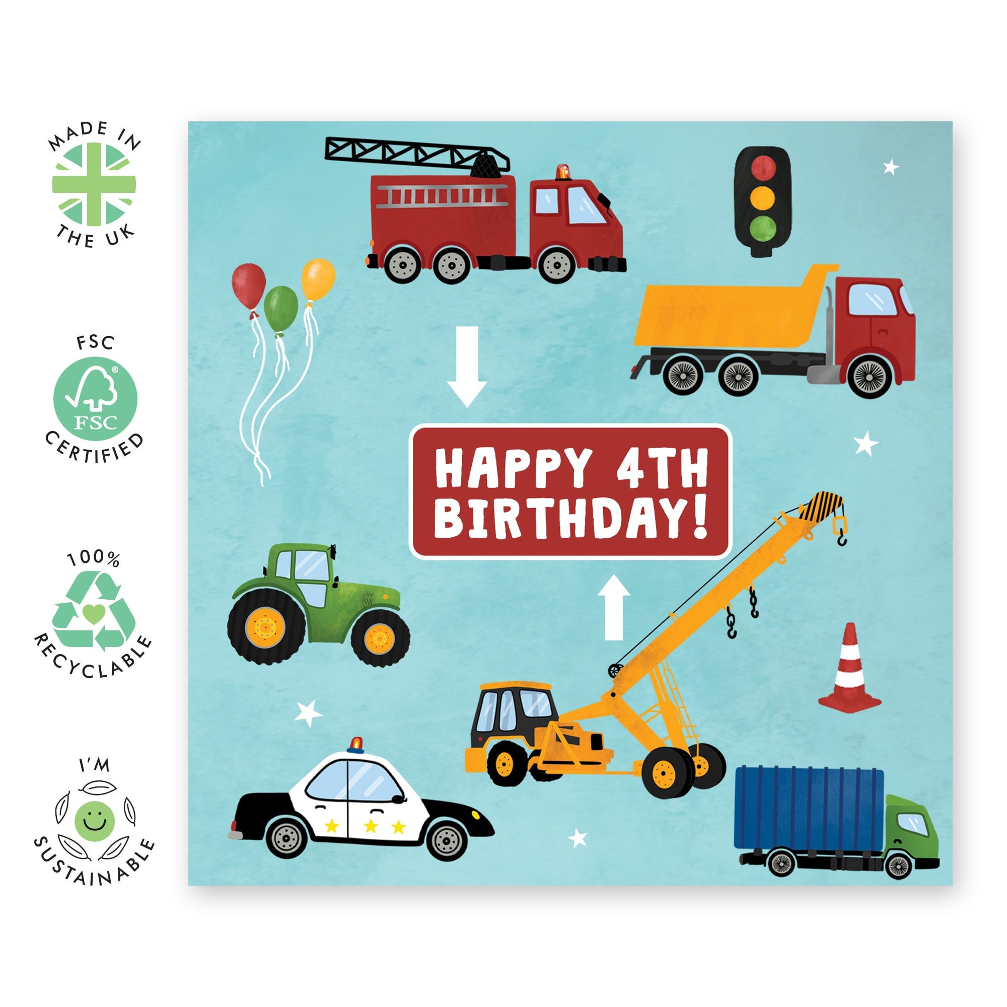 Fourth Birthday Card Happy 4th Birthday Vehicle for Kids - Etsy
