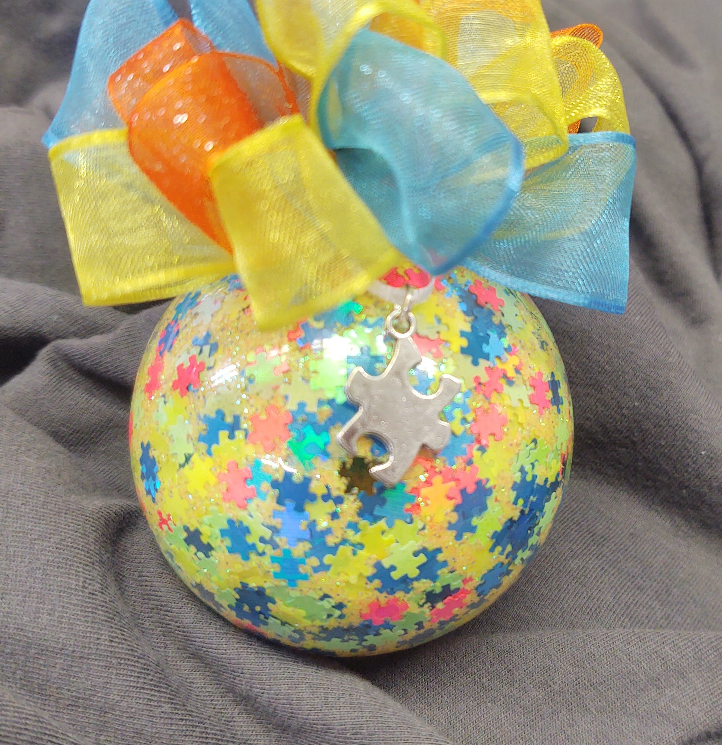 Neon Puzzle Piece Autism Awareness Christmas Ornament With Bow and ...