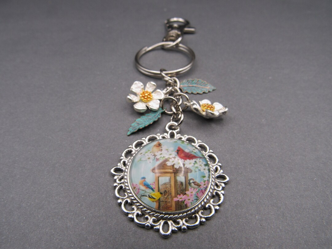 Songbird Keychain: Bird Photo Charm, Enamel Flowers & Patina Leaves - Etsy
