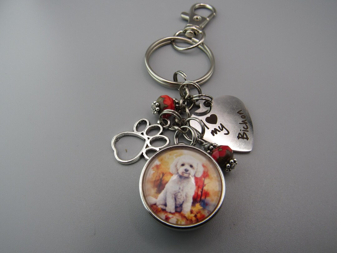 Bichon Frise Keychain: Photo Snap Charm, Paw & Red Bead Accents - Etsy