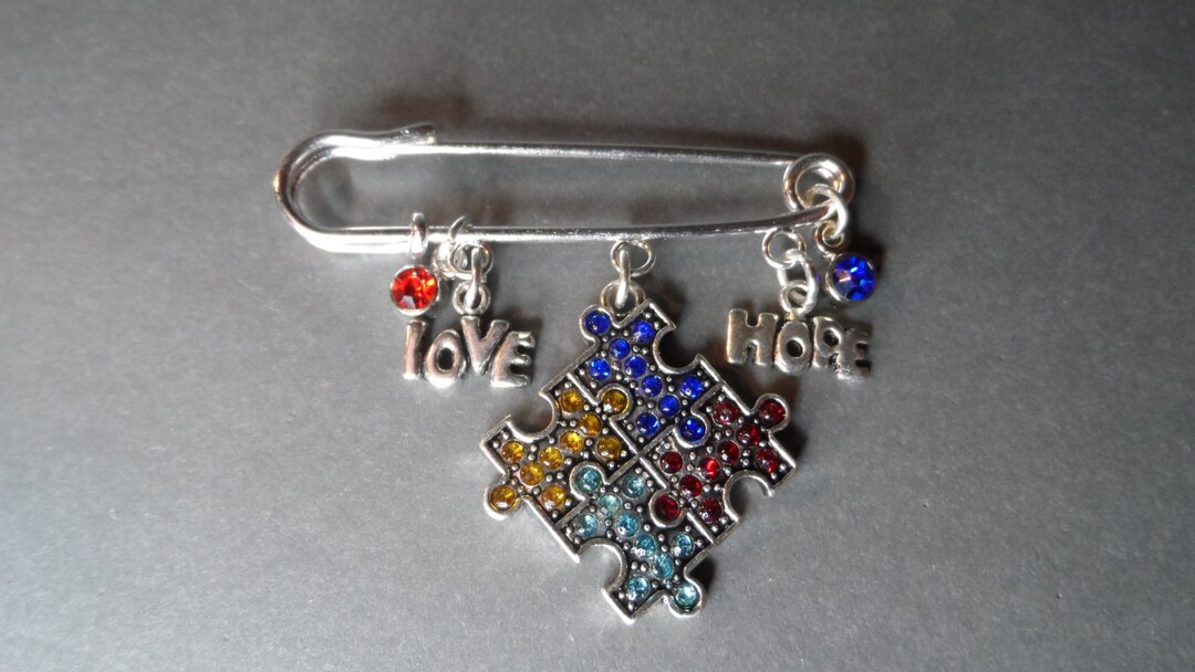 Autism Puzzle Kilt Pin,free Shipping, Rhinestone Puzzle Charm, LOVE and ...