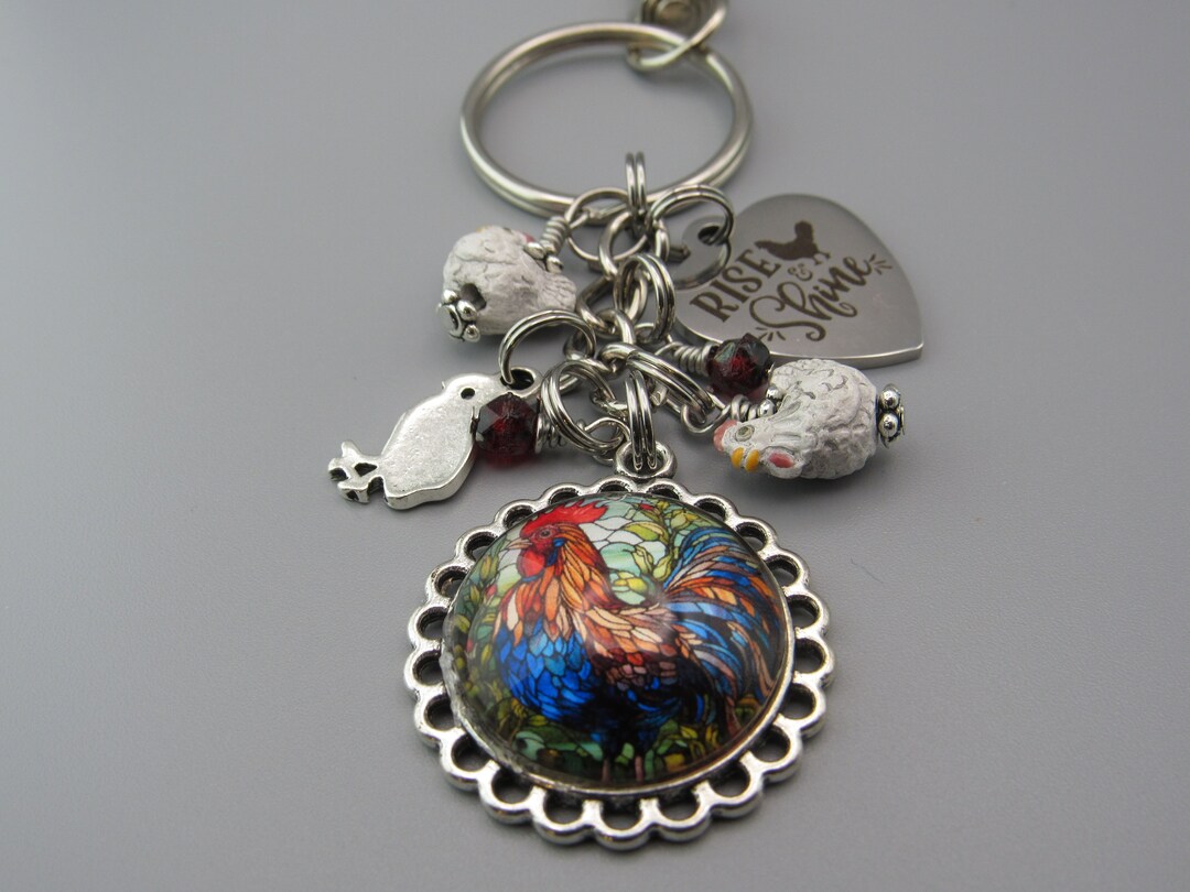 Rooster Keychain: Stained Glass Photo Charm, Ceramic Chicken Beads - Etsy