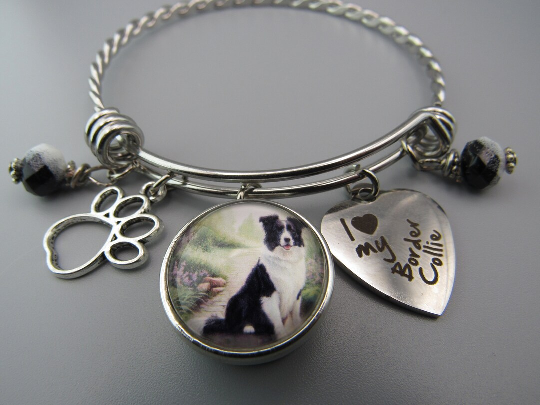 Border Collie Photo Bangle Bracelet: Paw Charm, Black White Beads - Etsy