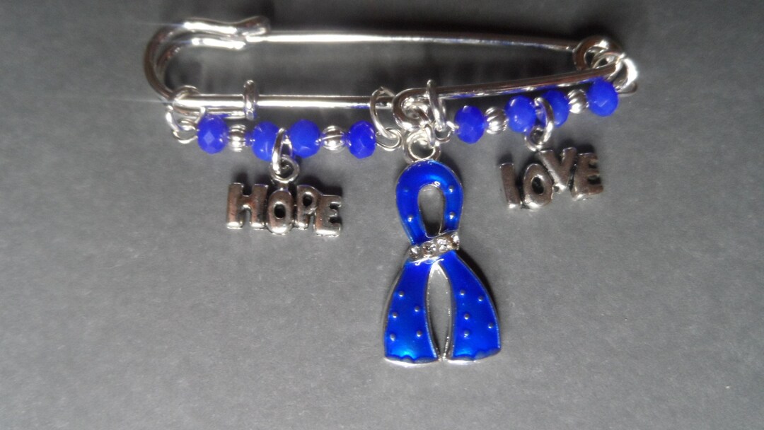 Colon Cancer Awareness Kilt Pin: Blue Ribbon, Hope & Love Charms - Etsy