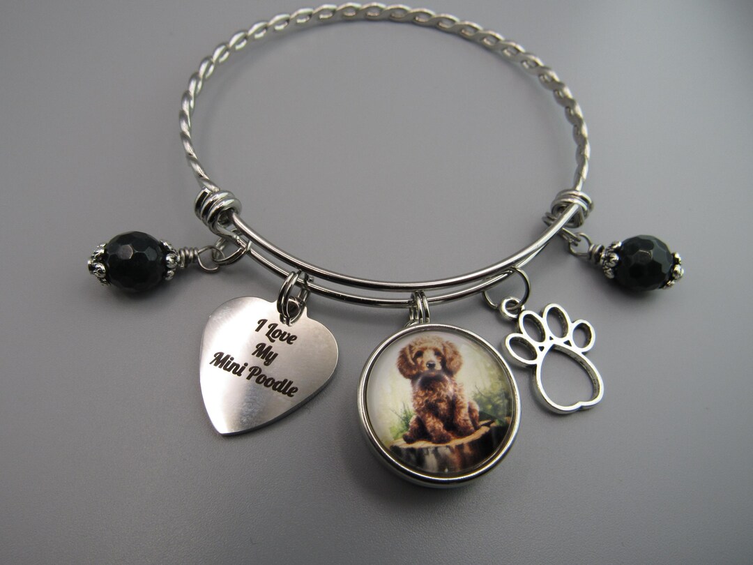 Mini Poodle Bangle Bracelet: Stainless Steel Charm, Paw Print, Green ...