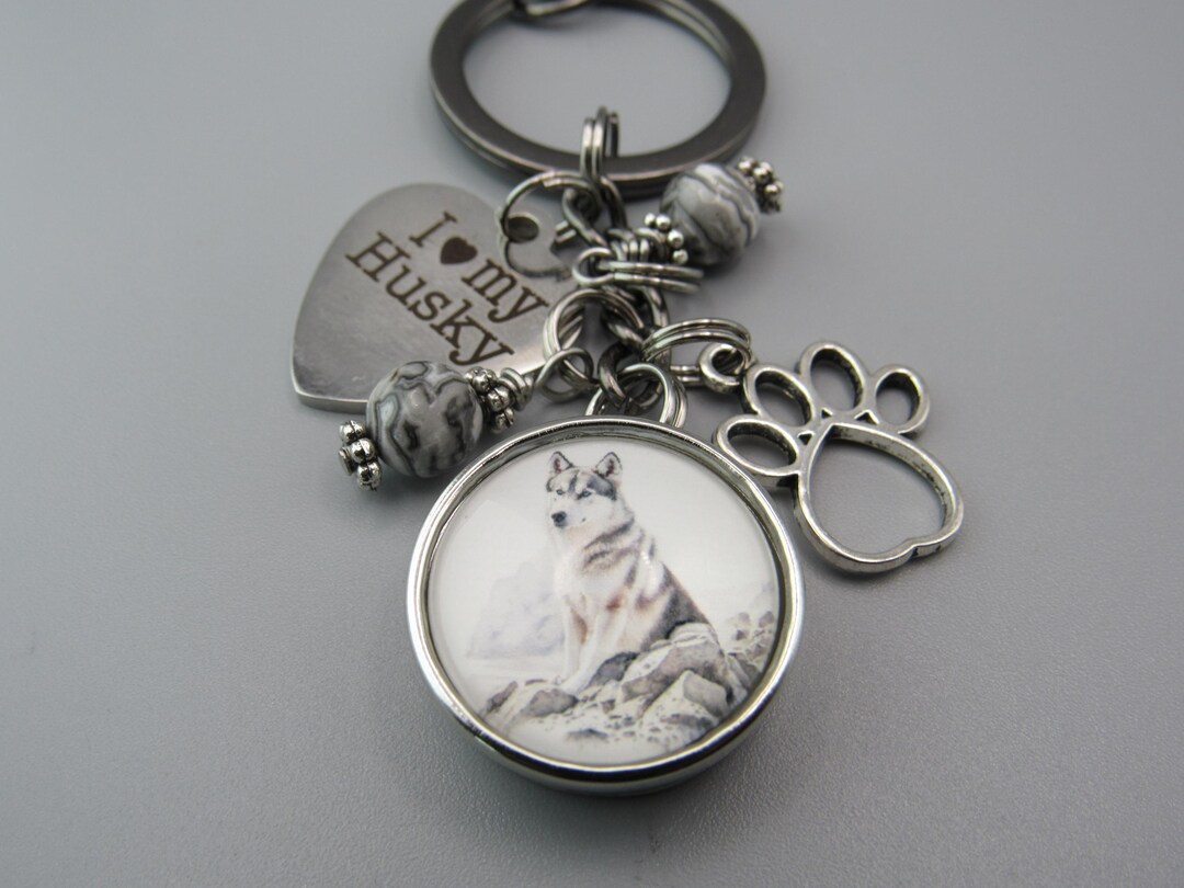 Husky Keychain: Stainless Steel "i Love My Husky" Charm With Paw Beads ...