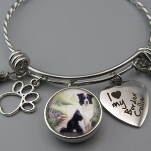 Border Collie Photo Bangle Bracelet: Paw Charm, Black White Beads - Etsy