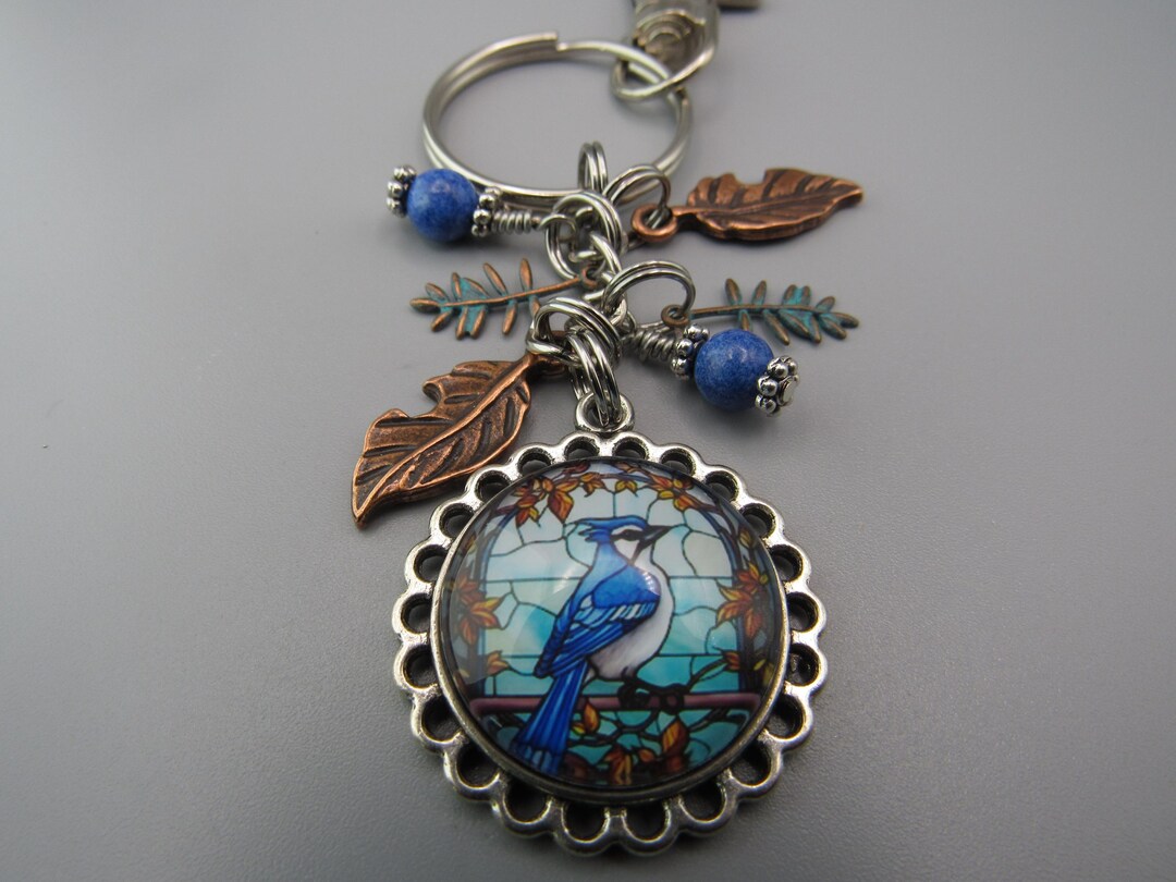 Blue Jay Keychain: Patina Branch, Copper Leaf, Blue Bead Charm - Etsy
