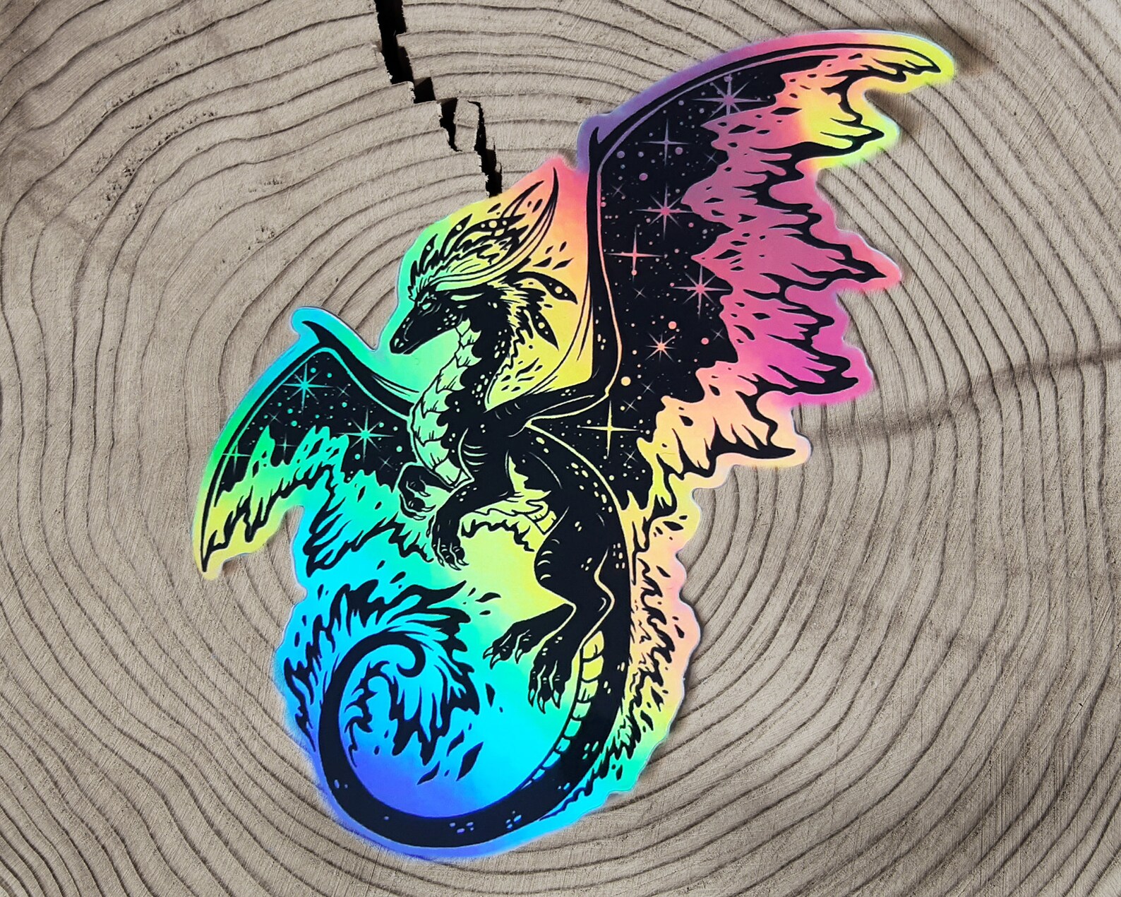 Space Dragon black Rainbow Holographic Vinyl Sticker - Etsy