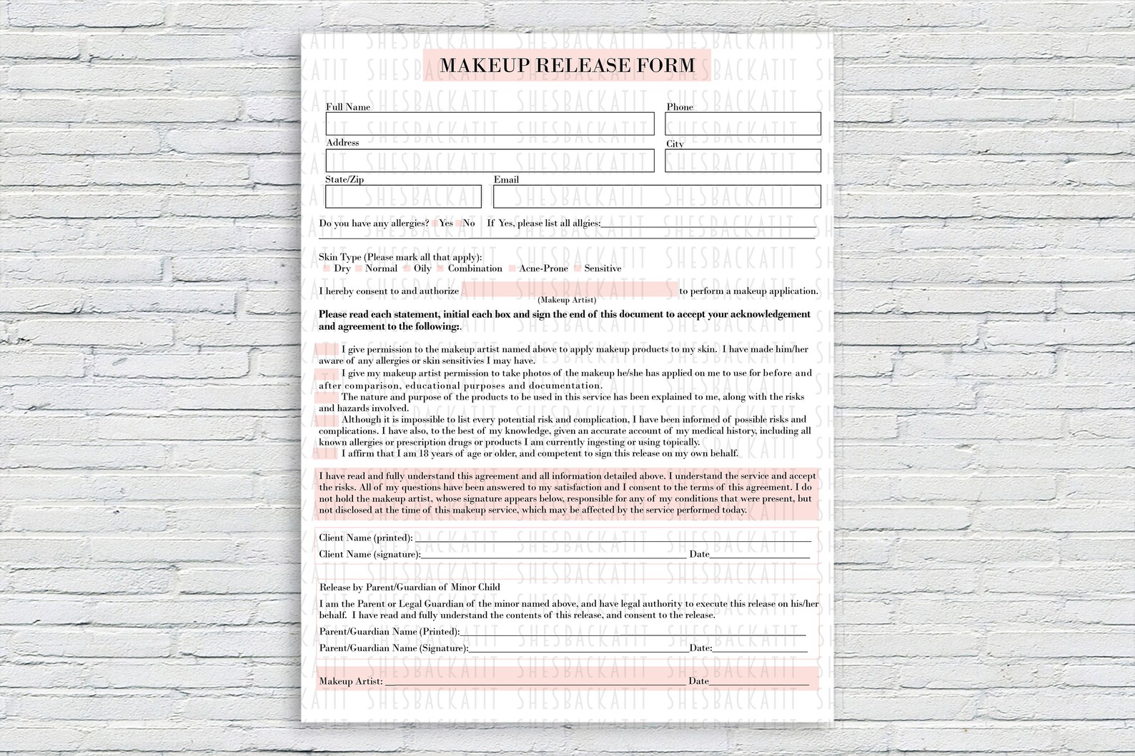 Makeup Release Form, Makeup Artist Consent Form, Makeup Form ...