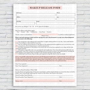 Makeup Release Form, Makeup Artist Consent Form, Makeup Form ...