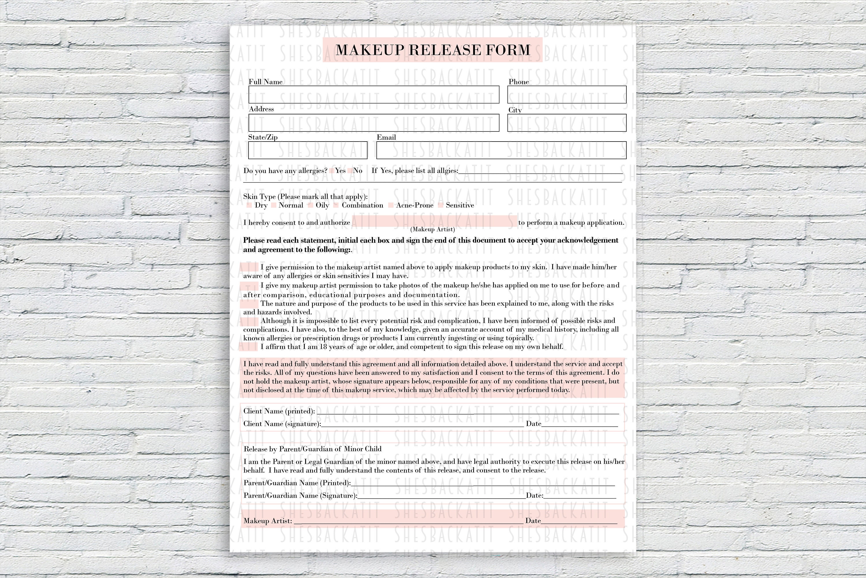 Makeup Release Form, Makeup Artist Consent Form, Makeup Form ...