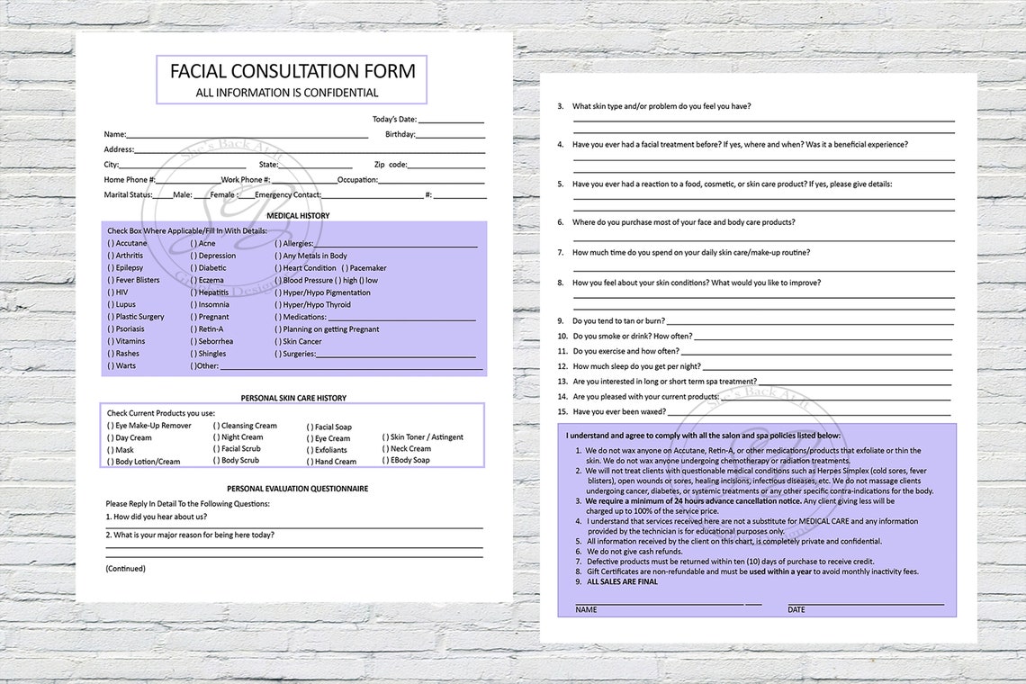 Facial Consultation Form Facial Forms Esthetician Consent | Etsy