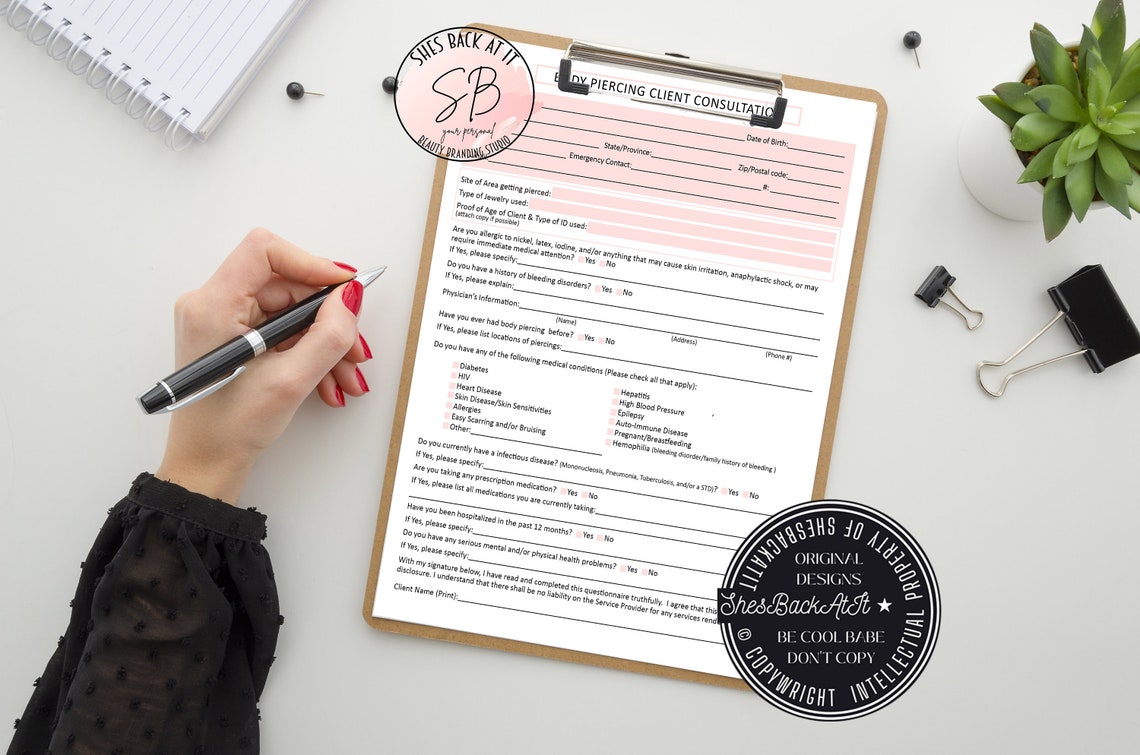 Body Piercing Consent Form Body Piercing Release of | Etsy