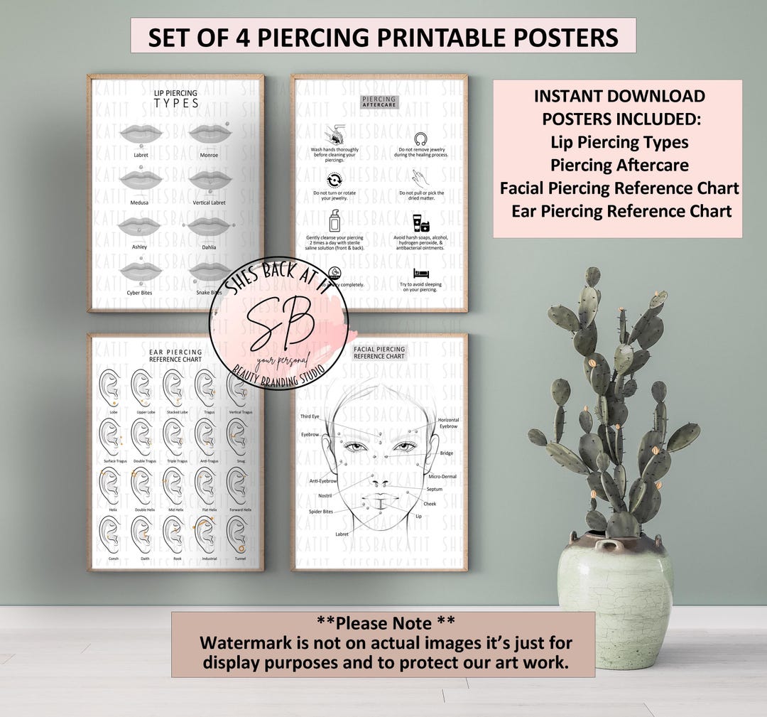 Set of 4 Piercing Art Posters, Ear Piercing Reference Chart, Piercing ...